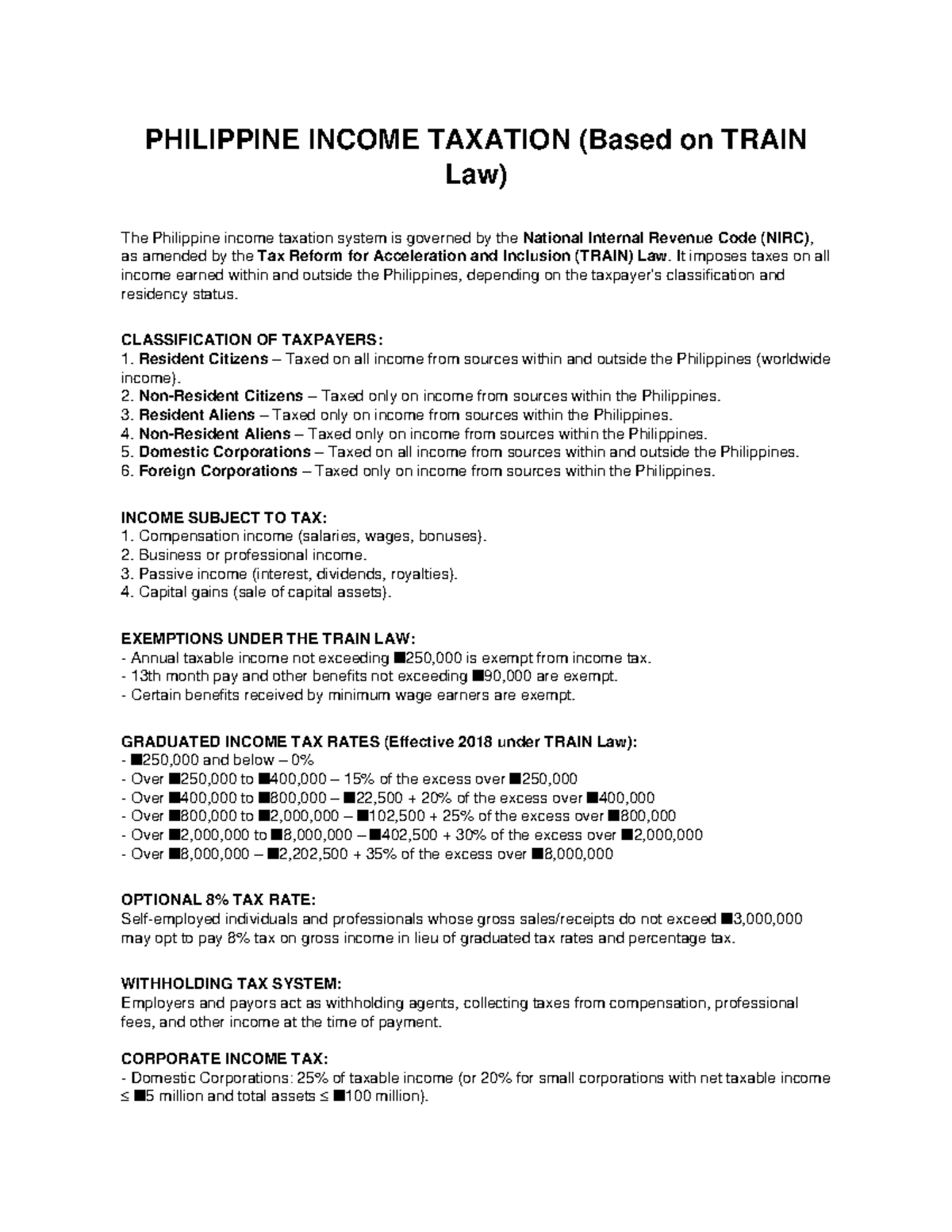 PHILIPPINE INCOME TAXATION: Overview of TRAIN Law and Taxpayer ...