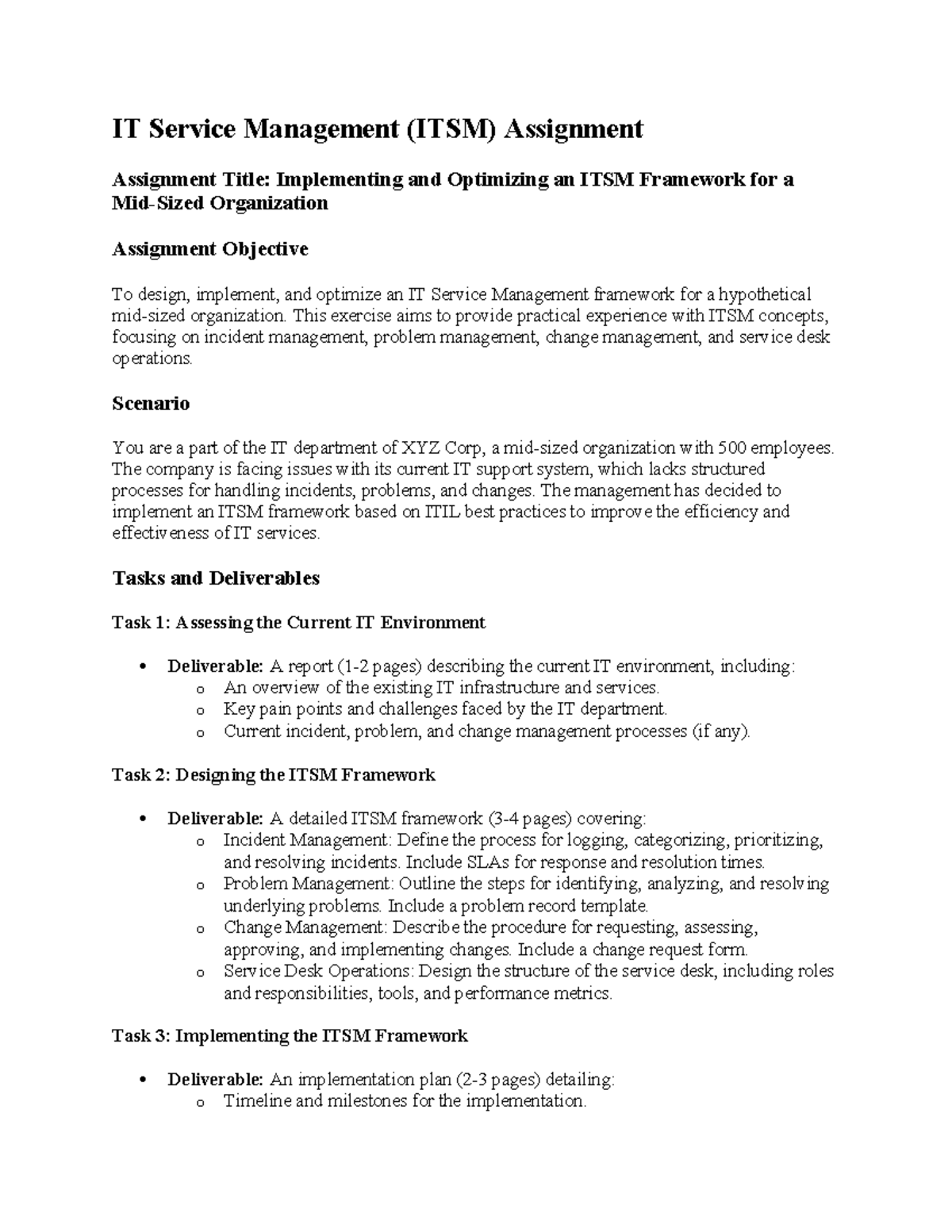 ITSM Assignment: Implementing an Optimal ITSM Framework for Mid-Sized ...