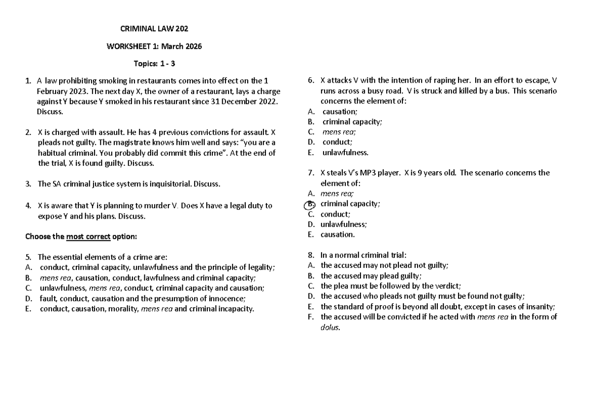 CRIMINAL LAW 202 WORKSHEET 1: Practice Questions & Discussions - Studocu