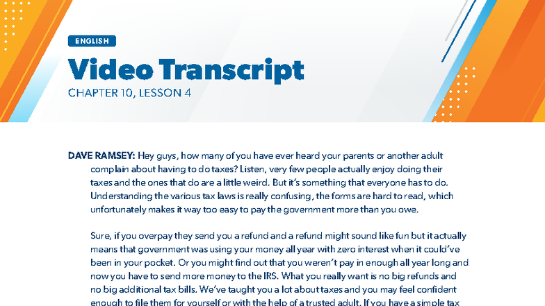 ENGLISH Video Transcript CH10: Lesson 4 - Understanding Taxes - Studocu