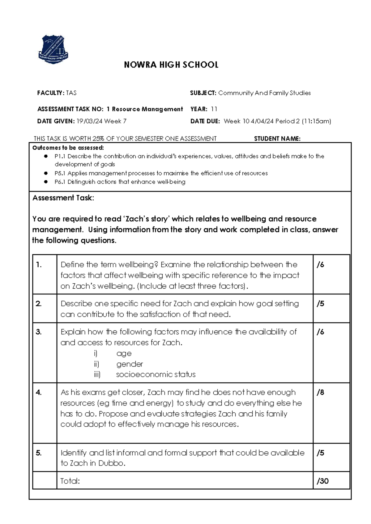 Community and family studies assessment task 1: Resource management for ...