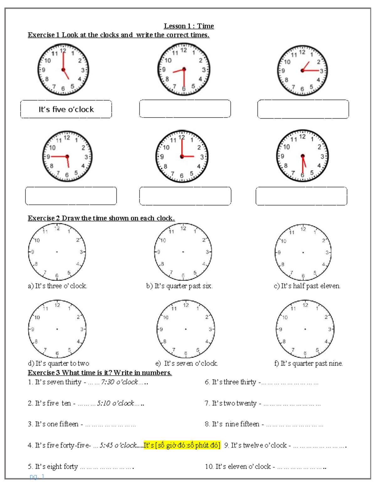 Lesson 1 & 2: Time and Meals Exercises - Everybody Up 2 Unit 7 - Studocu