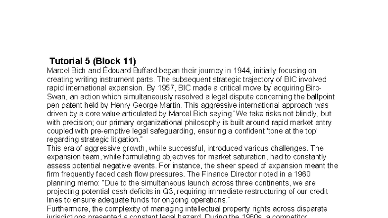 Tutorial 5: BIC's Strategic Growth and Legal Challenges - Studocu