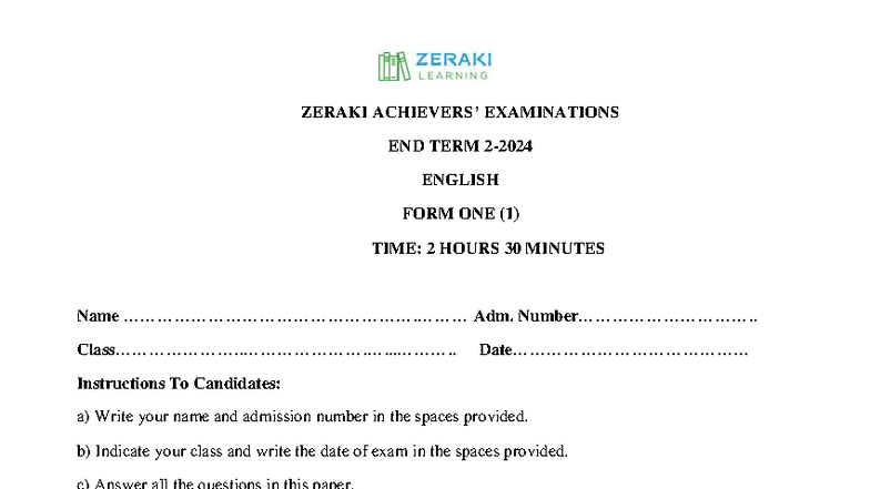 Final Exam: ZERAKI ENGLISH FORM ONE (1) Question Paper - Studocu