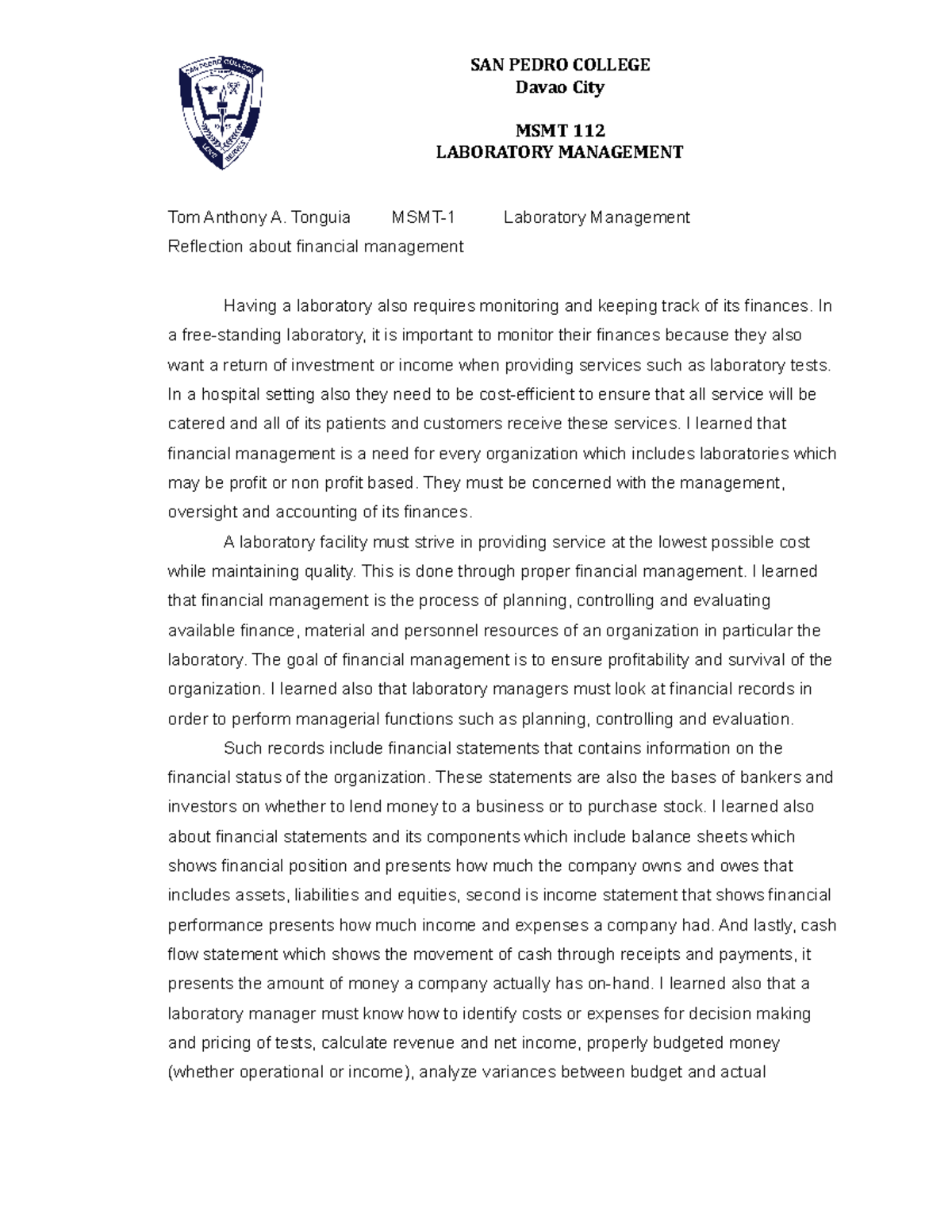 Reflection paper about financial management - Tom Anthony A. Tonguia ...