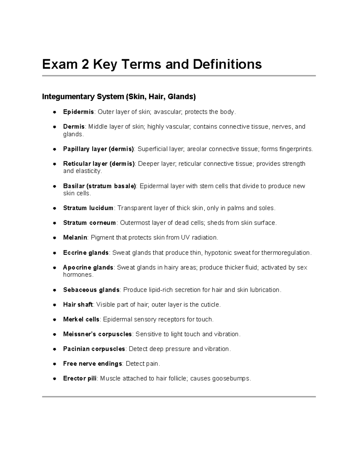 Exam 2 Key Terms: Integumentary & Skeletal Systems Overview - Studocu