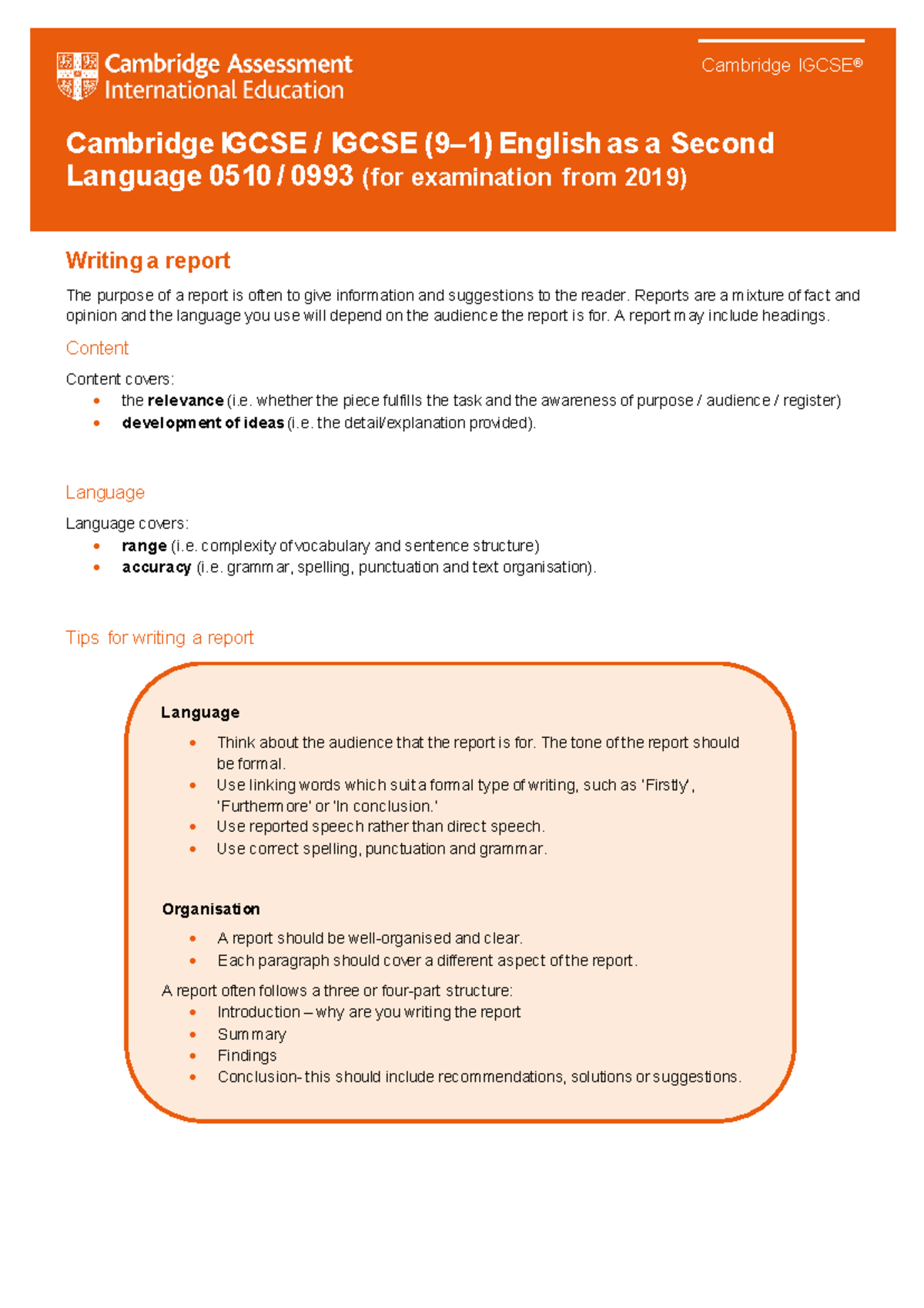 IGCSE 0510 Writing a Report: Guidelines & Tips for Success - Studocu