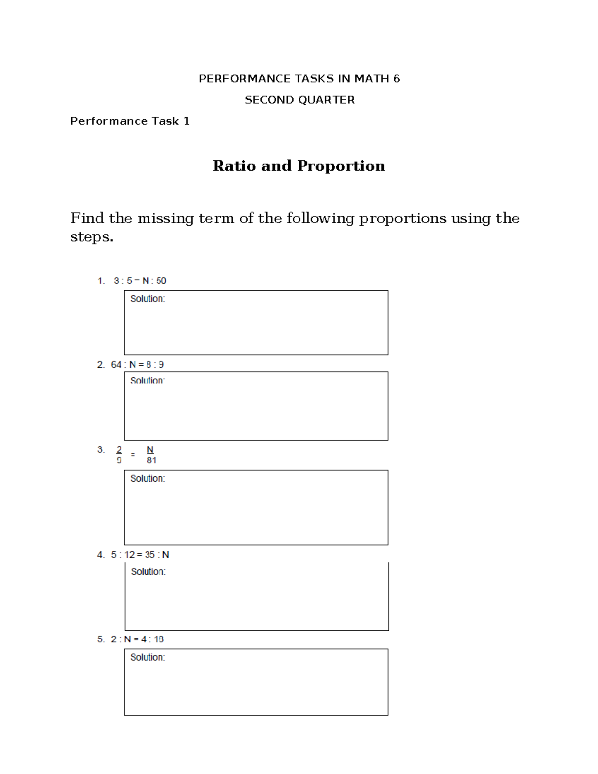 Performance Tasks in Math 6 Q2: Ratios, Percent, and Integers - Studocu