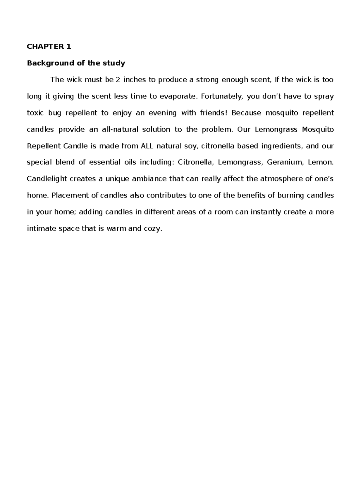 Lemongrass Mosquito Repellent Candle - Chapter 1 Analysis (Course Code: 101) - Studocu