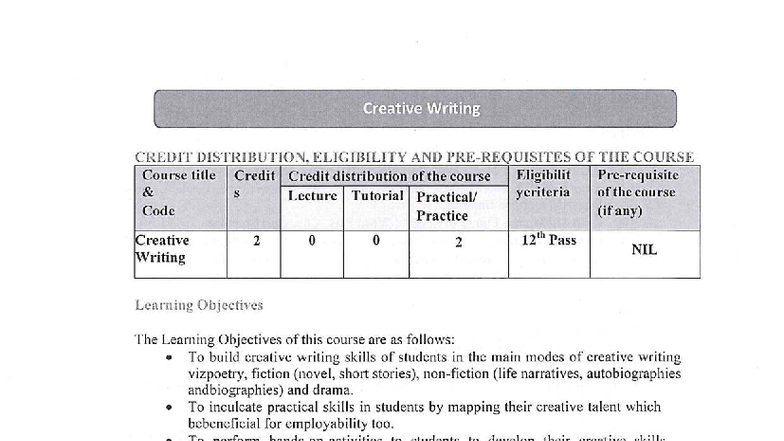 Creative Writing Syllabus: Credit Distribution & Course Eligibility ...