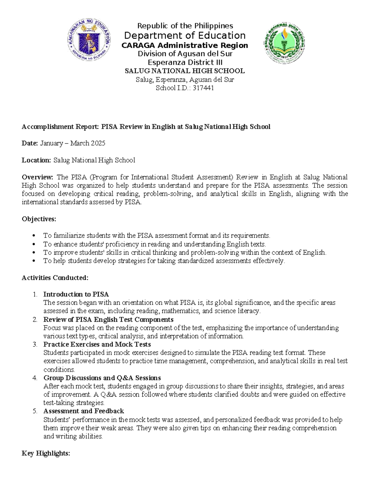 PISA Review Accomplishment Report: English Skills at Salug NHS - Studocu