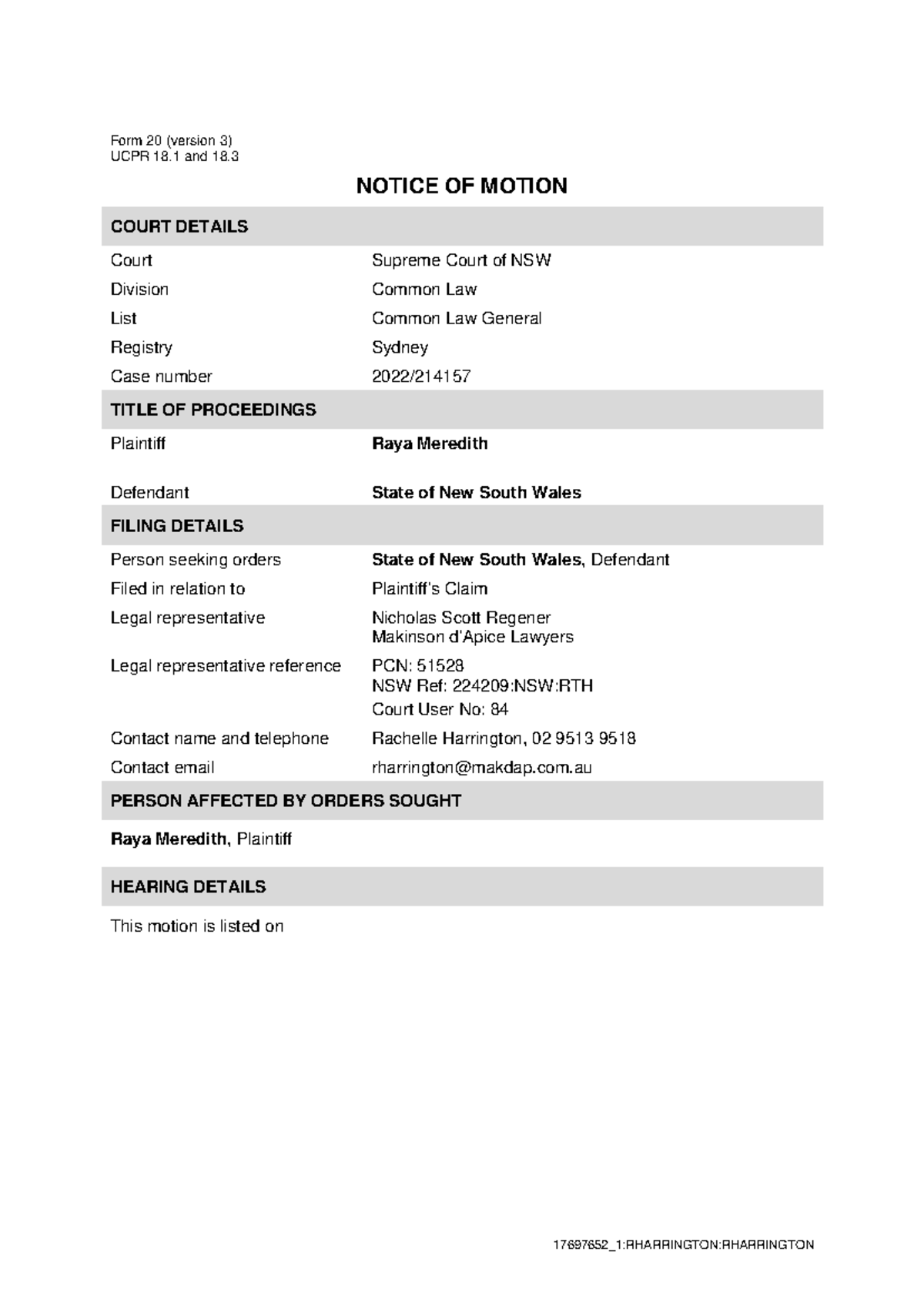 NSW Supreme Court Notice of Motion - Raya Meredith v. State of NSW ...