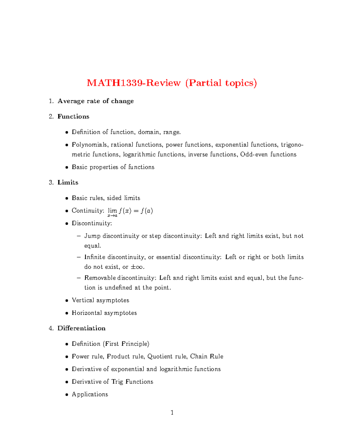 MAT1339 Final Exam Review: Functions, Limits, and Differentiation - Studocu