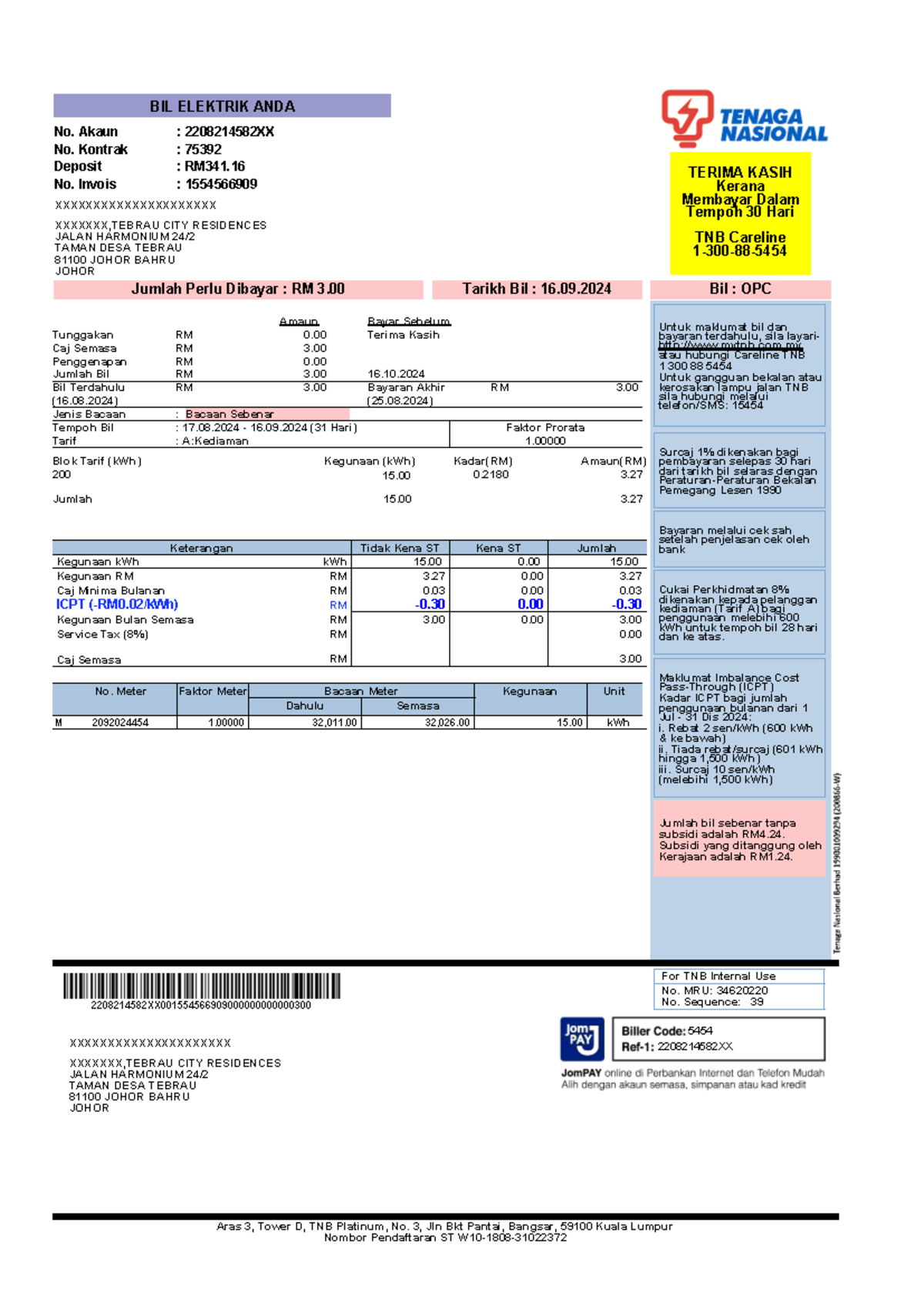 BIL ELEKTRIK TNB: Pembayaran dan Maklumat Bil 16.09.2024 - Studocu