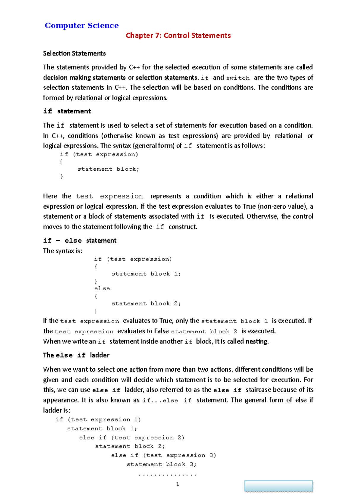 Plus one computer science chapter 7 - Computer Science 1 Joy John’s CS Chapter 7: Control ...