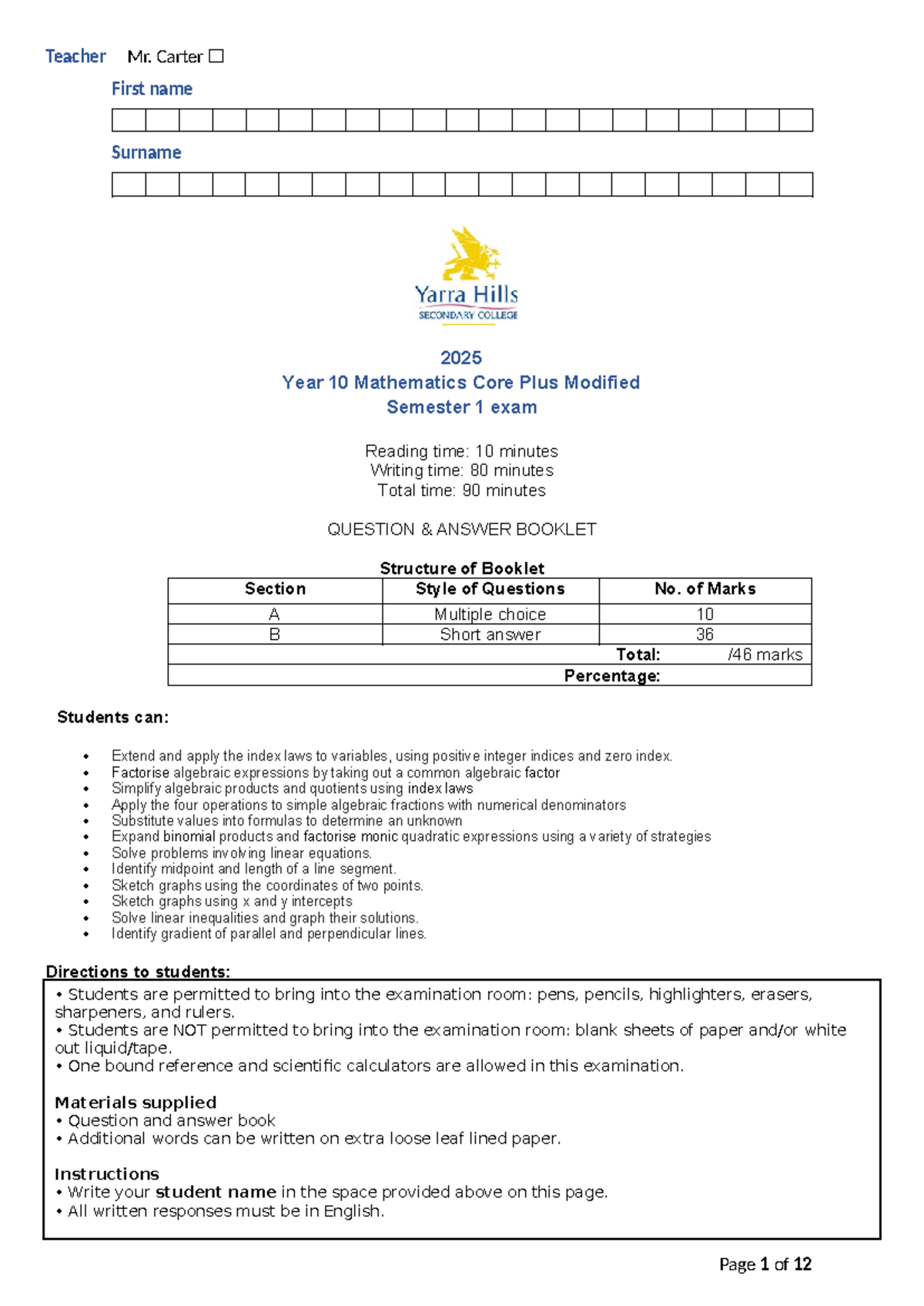 Year 10 Mathematics Core Plus Modified Semester 1 Exam 2025 - Studocu
