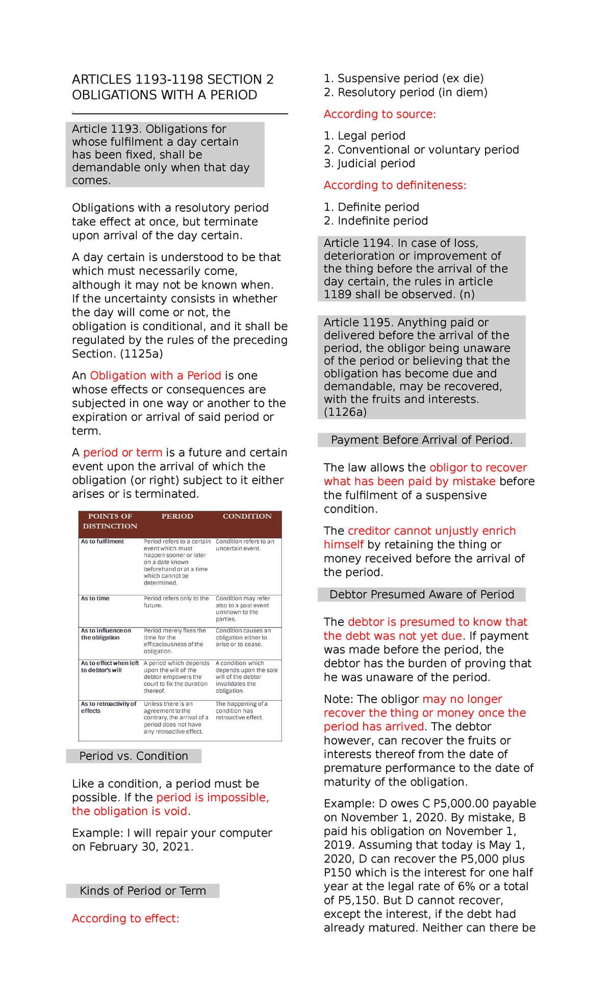 Obligations with a Period: Articles 1193-1198 Explained - Studocu