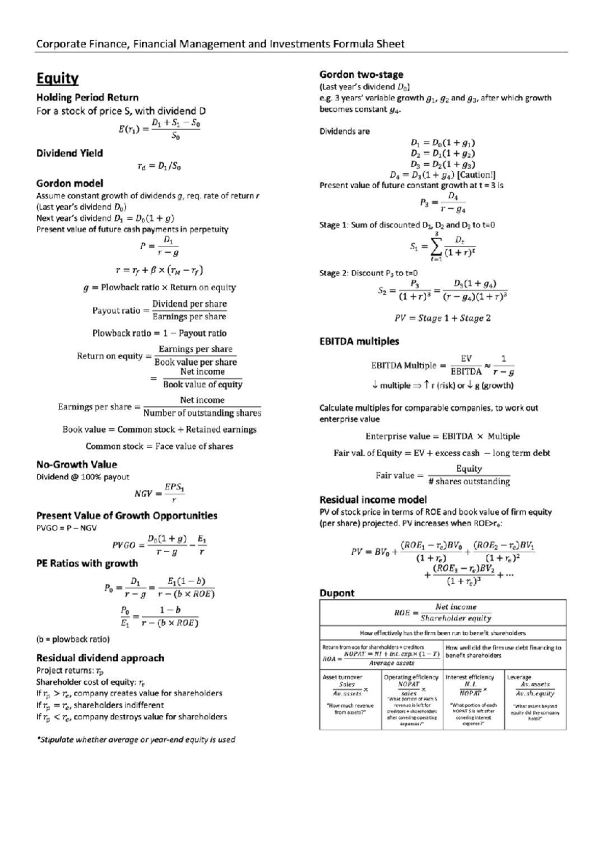 Corporate Finance: Comprehensive Formula Sheet for Final Exam - Studocu