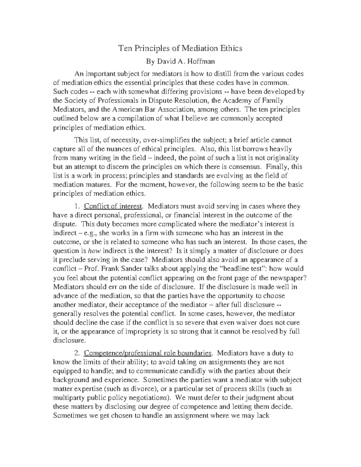 Ten Principles of Mediation Ethics - A. Hoffman (2005) - Studocu