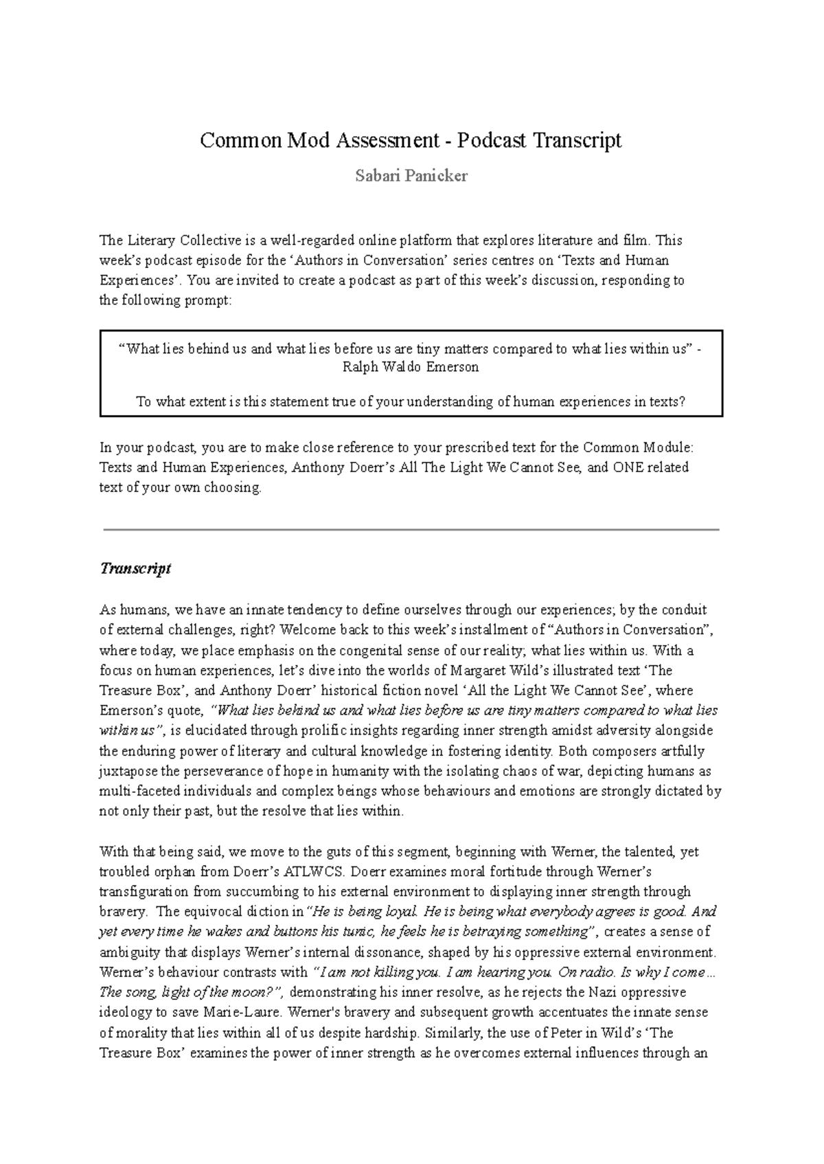 All the Light We Cannot See and Related Text Assessment Task Common ...