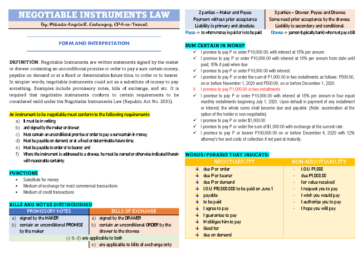 Negotiable Instruments Law copy-1 - NEGOTIABLE INSTRUMENTS LAW By ...