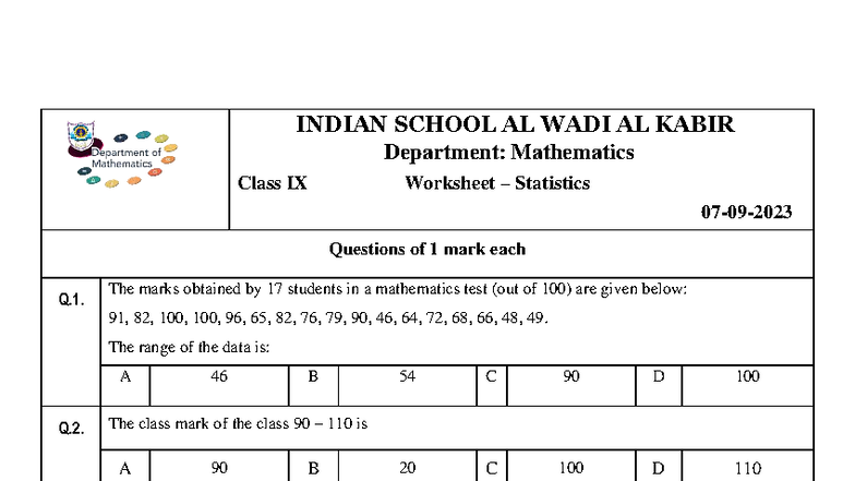 Statistics Worksheet for Grade 9 CBSE - Class IX Exercises - Studocu