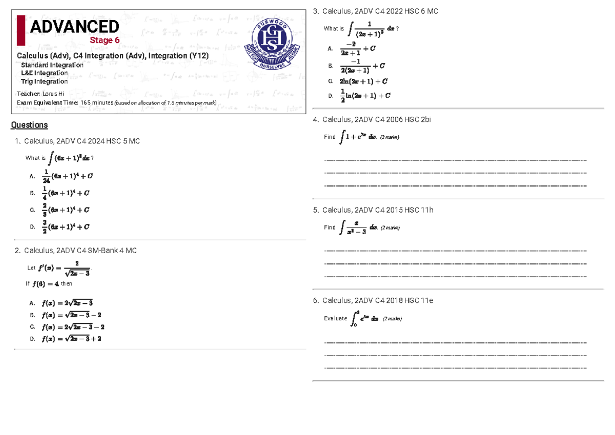 Integration Techniques in Calculus 2ADV C4: HSC Exam Prep - Studocu
