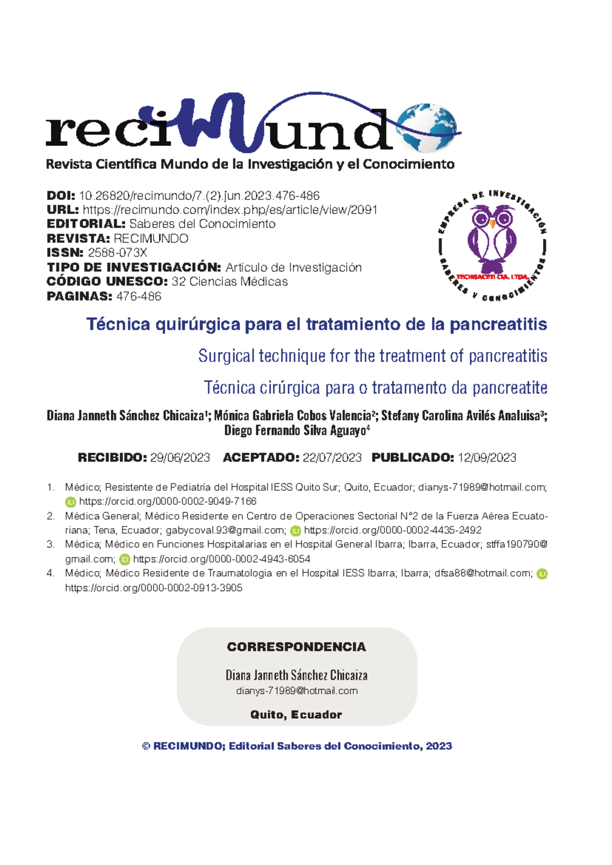 Técnicas Quirúrgicas en el Tratamiento de la Pancreatitis (RECIMUNDO ...