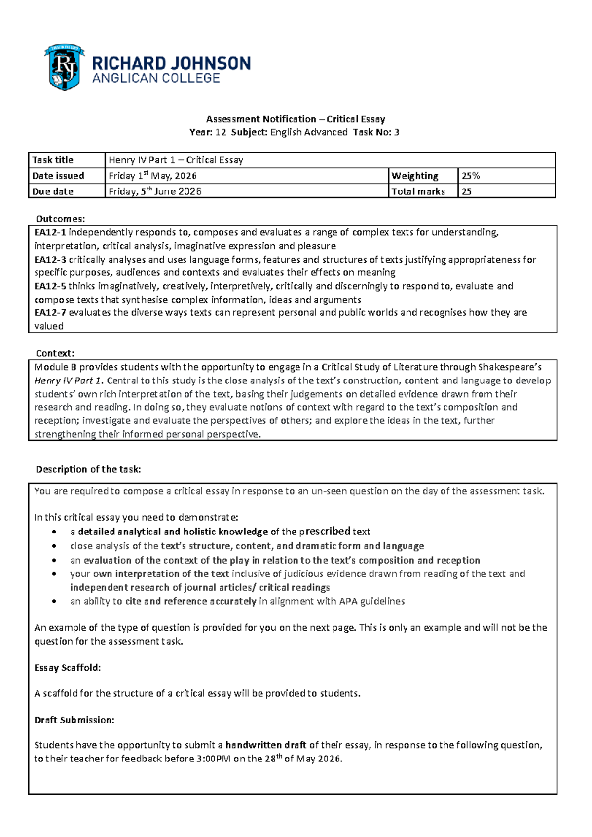 2026 Year 12 English Adv Task 3: Critical Essay on Henry IV Part 1 ...
