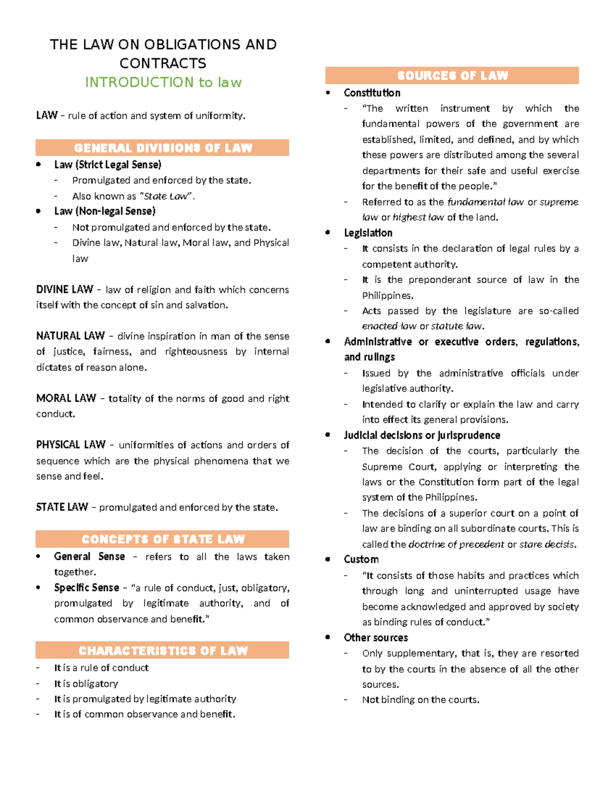 Introduction to Law - NOTES - THE LAW ON OBLIGATIONS AND CONTRACTS ...