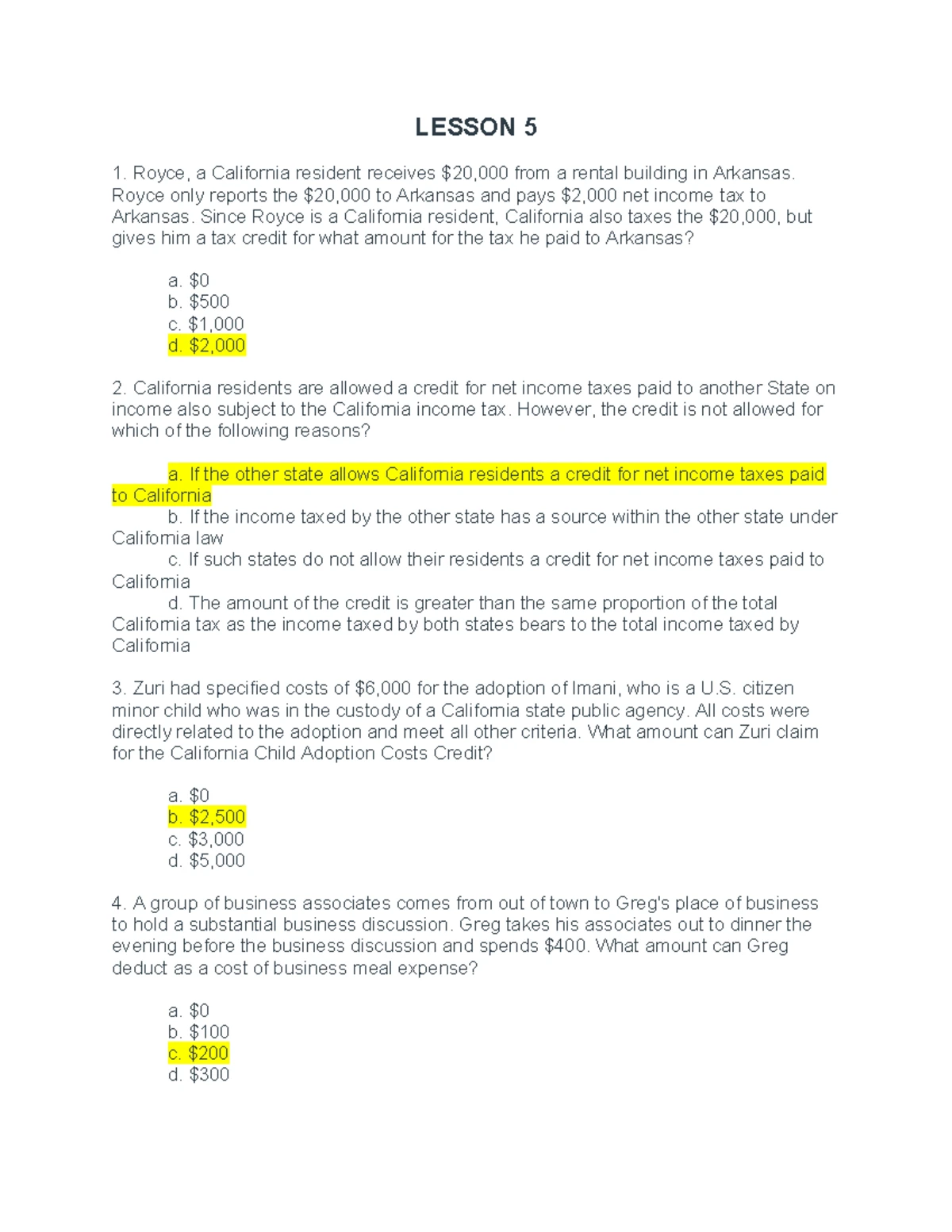 Lesson 4 - CTEC Test Practice Questions on Tax Deductions - Studocu
