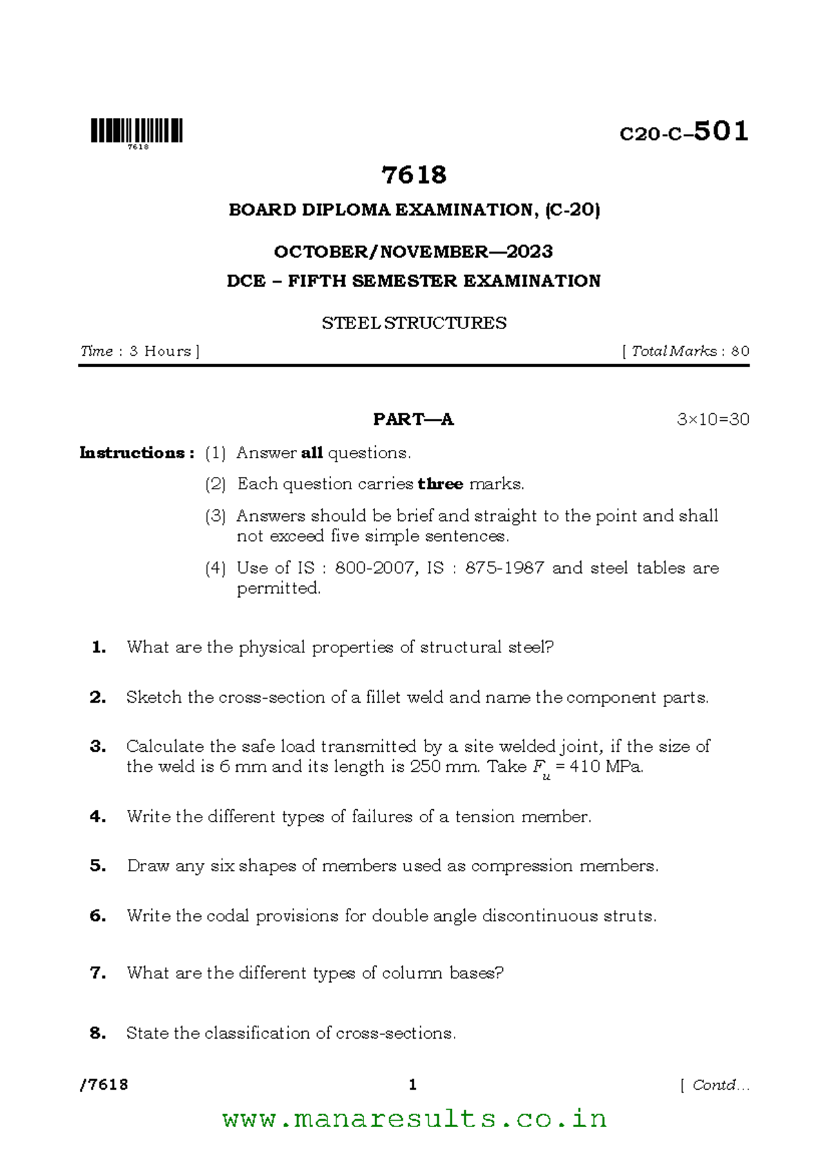 Steel Structures Exam Notes - DCE 7618 5th Sem, Total Marks: 80 - Studocu