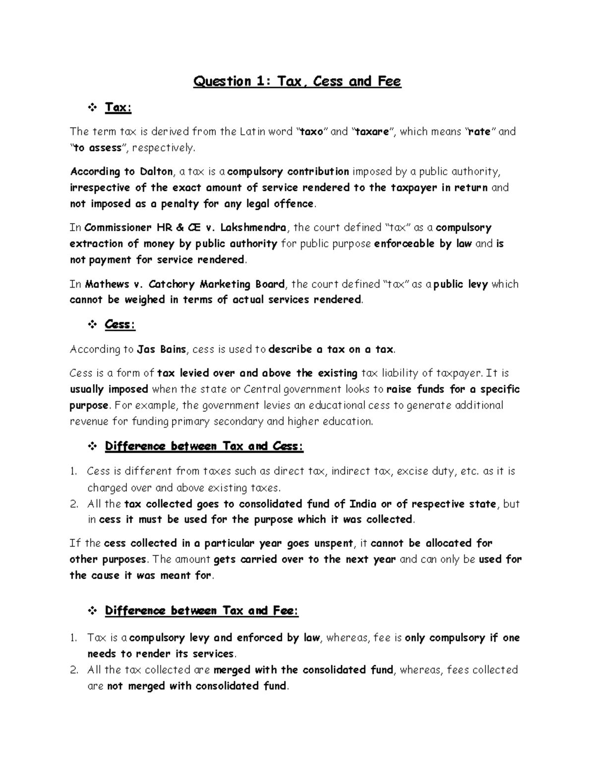 Notes - Principles of Taxation - Question 1: Tax, Cess and Fee Tax: The ...