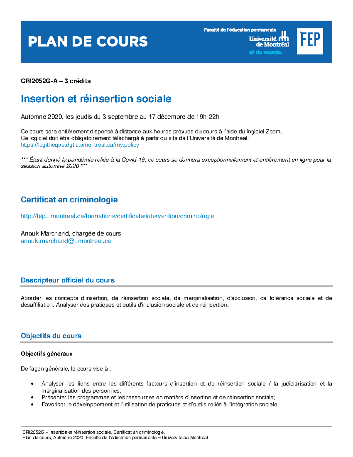 CRI2052G Plan de Cours : Insertion et Réinsertion Sociale - Automne ...