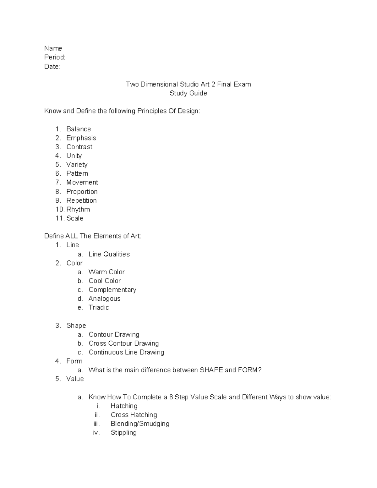 Two Dimensional Art 2 Final Exam Study Guide on Design Principles and ...