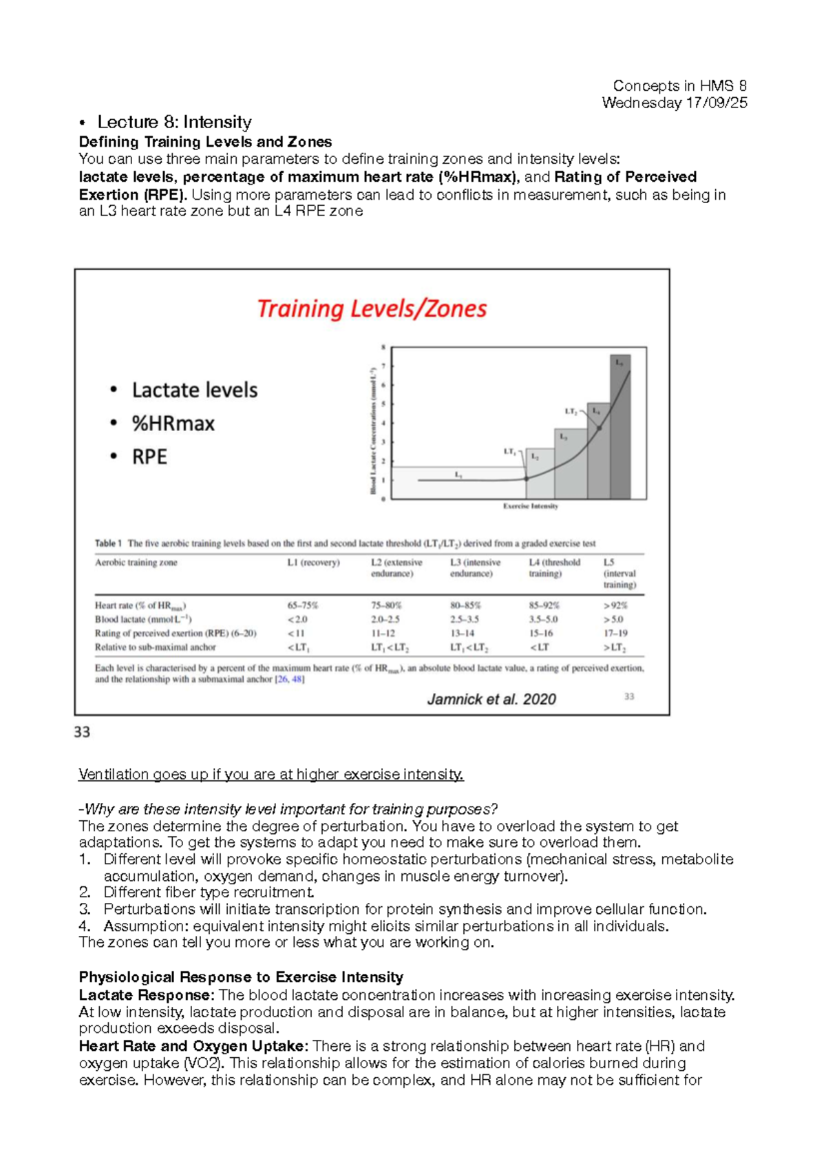 HMS 8 Wednesday Lecture 8: Intensity Training Levels & Zones - Studeersnel