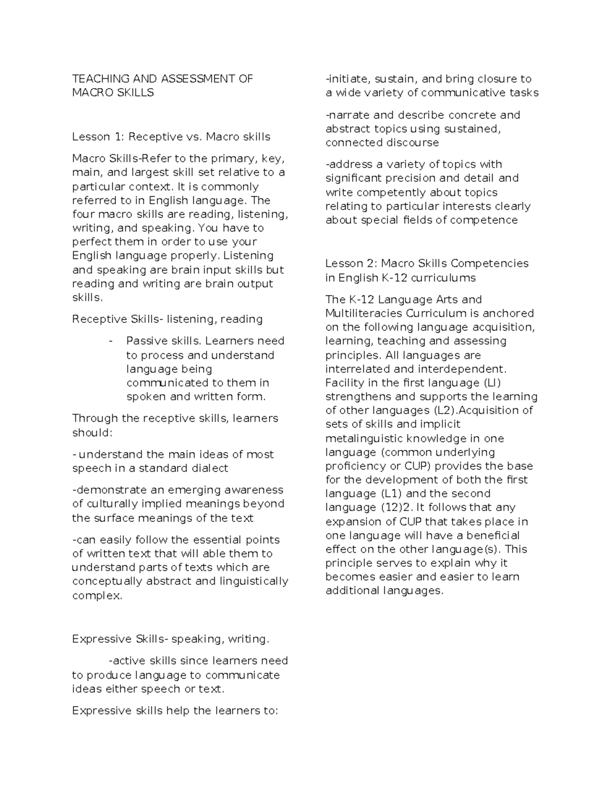Teaching and Assessment of Macro Skills: A K-12 Guide - Studocu