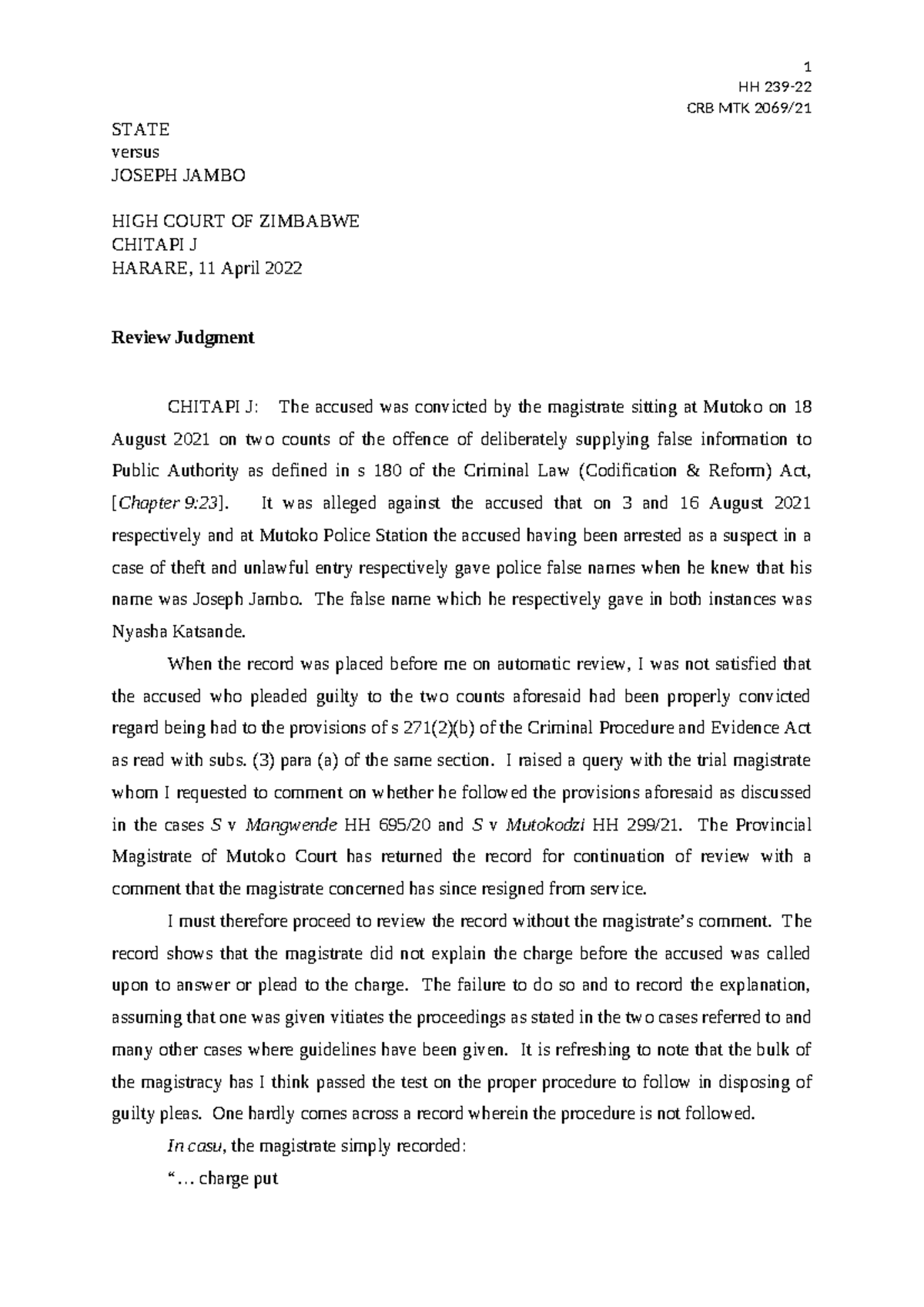 S v JOSEPH JAMBO CRB MTK Review Judgment (11 April 2022) - Studocu