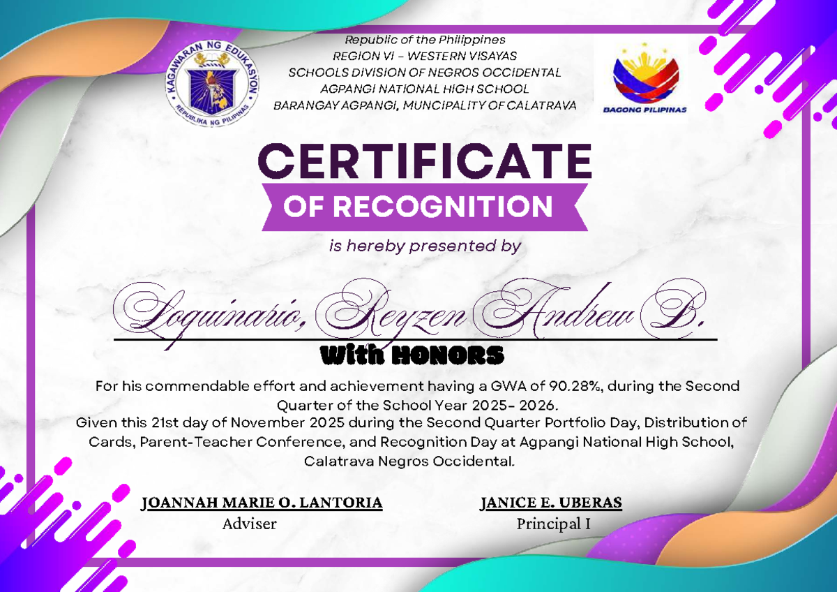 Honors Certificate for Second Quarter Recognition - SY 2026 - Studocu