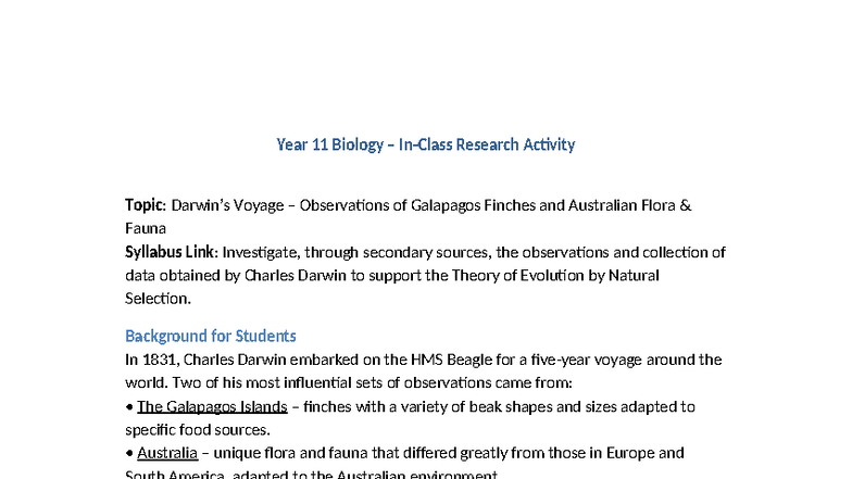 Darwin Voyage Research Activity: Observations of Galapagos Finches ...