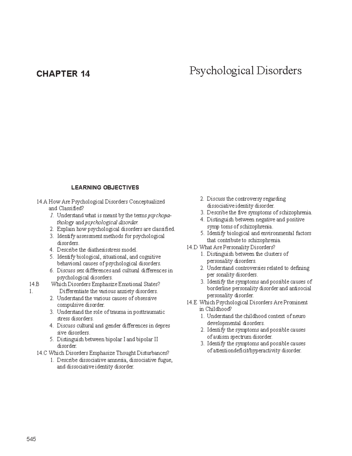 Chapter 14 Practice Questions on Psychological Disorders (No Answers) - Studocu