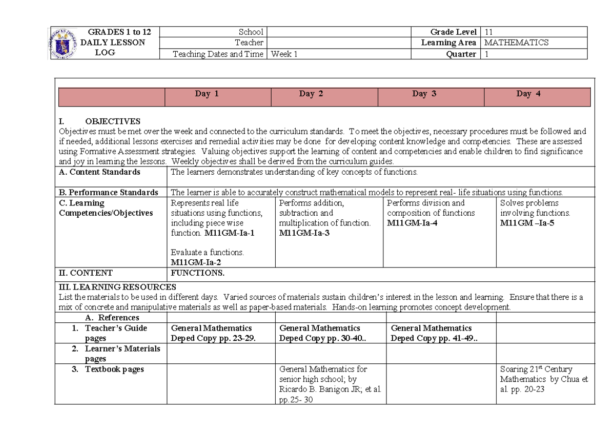 DLL Gen Math 11 Week 1: Daily Lesson Log for Functions - Studocu
