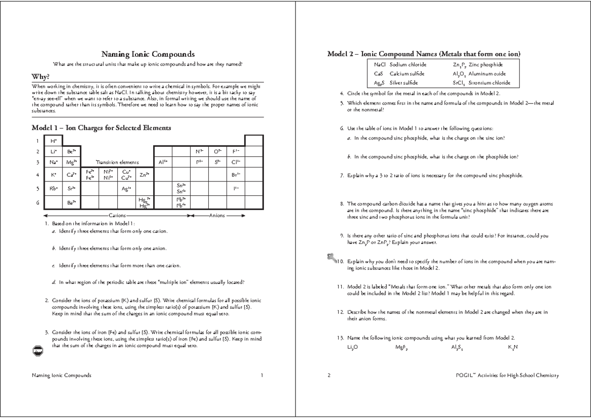 Naming Ionic Compounds: Model 2 - Metals Forming One Ion - Studocu