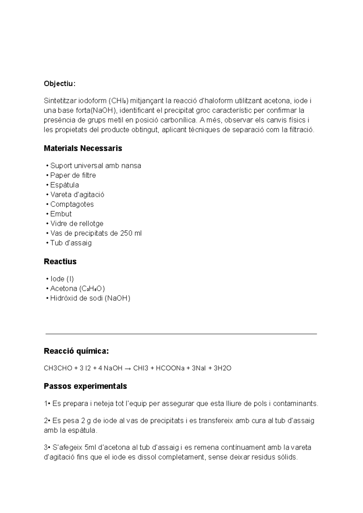 Obtenció de Iodoform (CHI₃) mitjançant Acetona i NaOH - Studocu