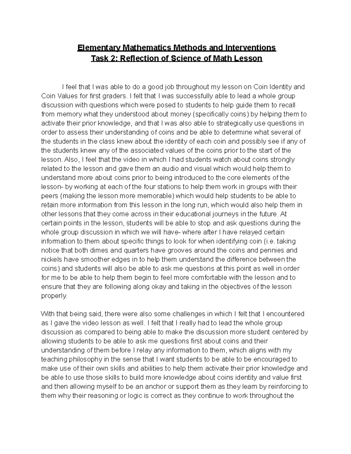 Elementary Math Methods & Interventions: Task 2 Reflection on Coin Lesson - Studocu