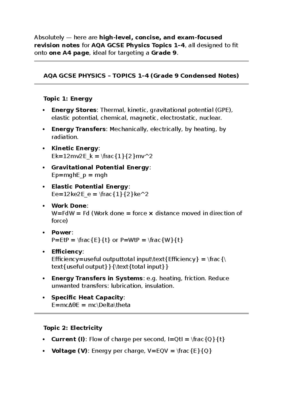 AQA GCSE Physics Topics 1-4: Concise Revision Notes for Grade 9 - Studocu