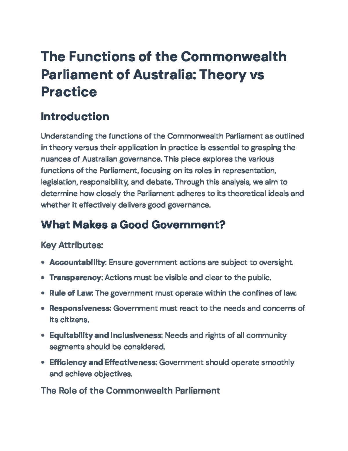 Functions of the Commonwealth Parliament: Theory vs Practice Analysis ...