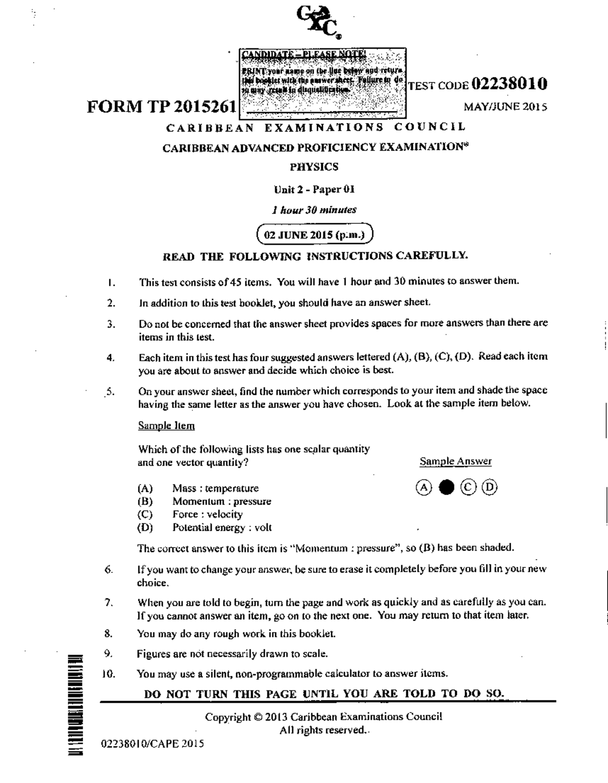 Physics 0223-8010 CAPE 2015 Paper 1 Exam Questions - Studocu