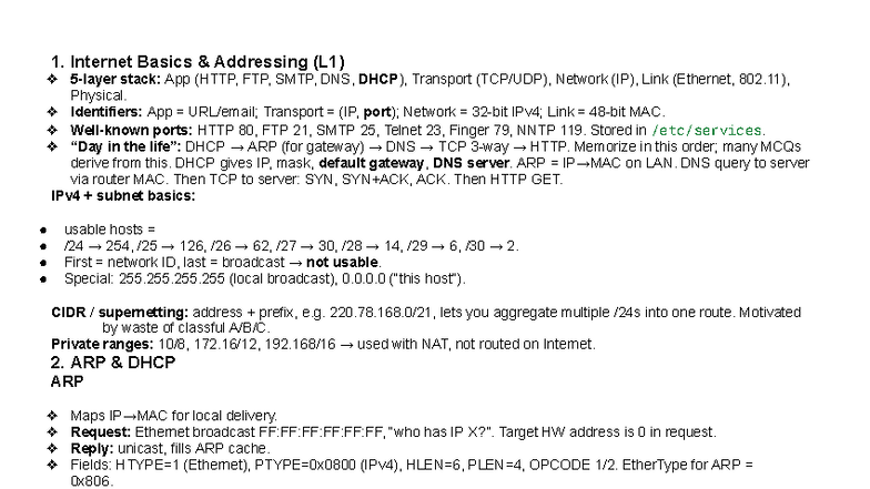 CS3103 Internet Basics Cheatsheet: Addressing, Protocols, and ...