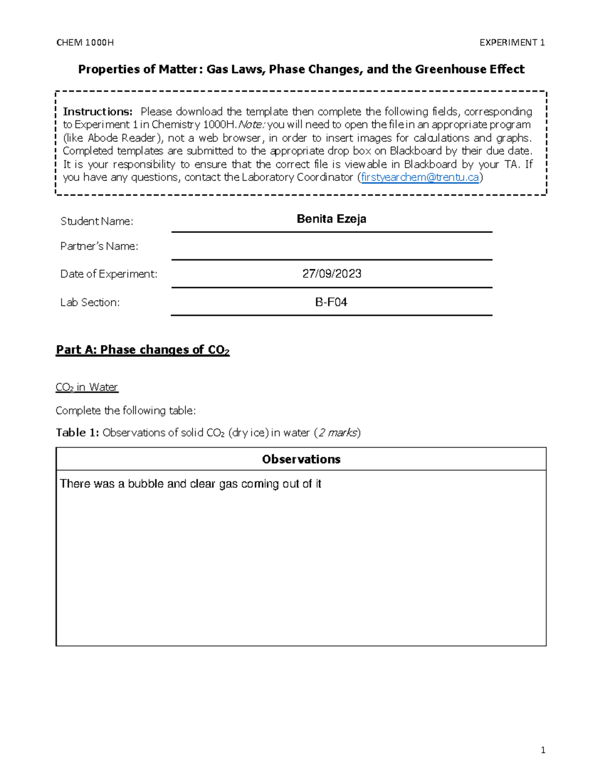 CHEM 1000 Experiment 1 Template - 2023 2 - Properties of Matter: Gas ...